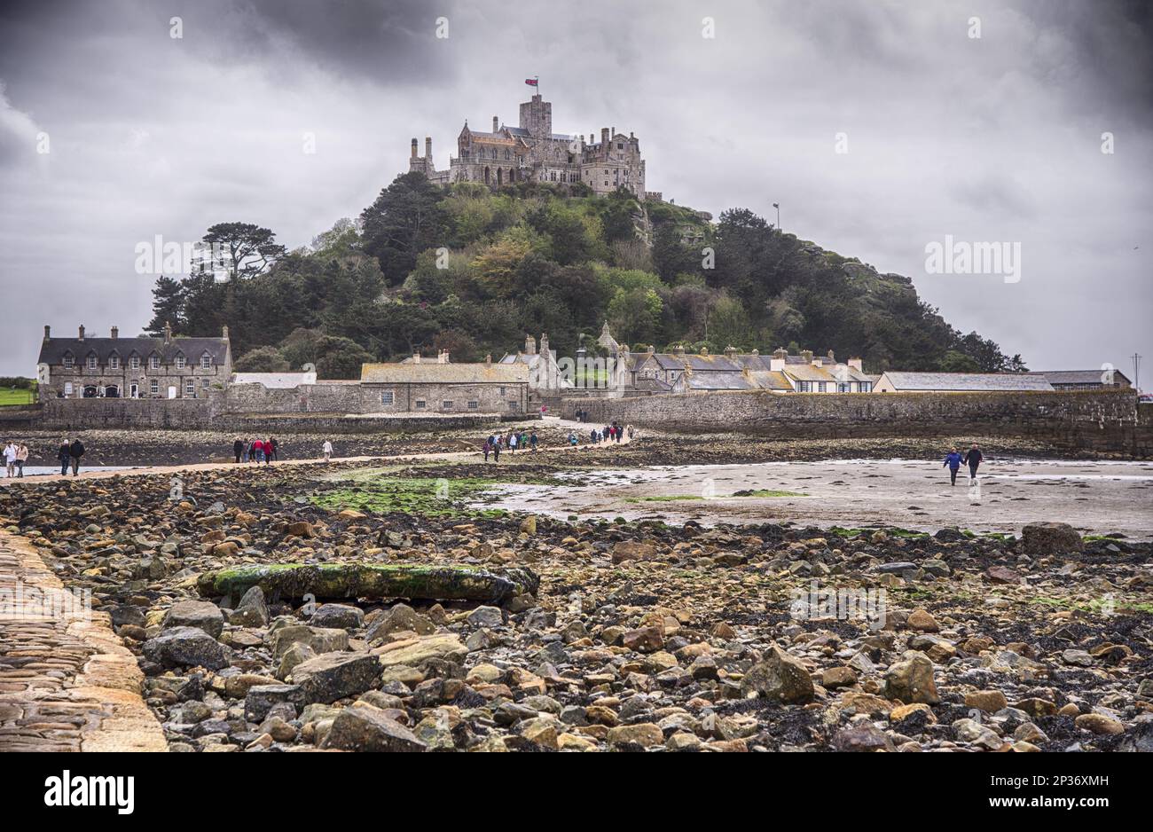 View of the artificial causeway and tidal island at low tide, St ...
