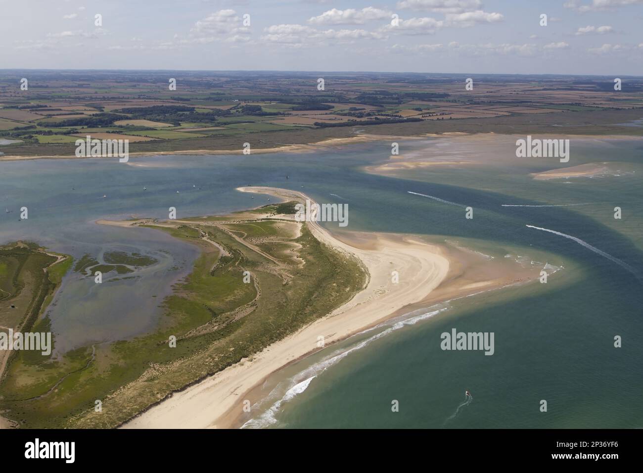 Aerial view of coastal sandbank and spit, Blakeney Point, Blakeney ...