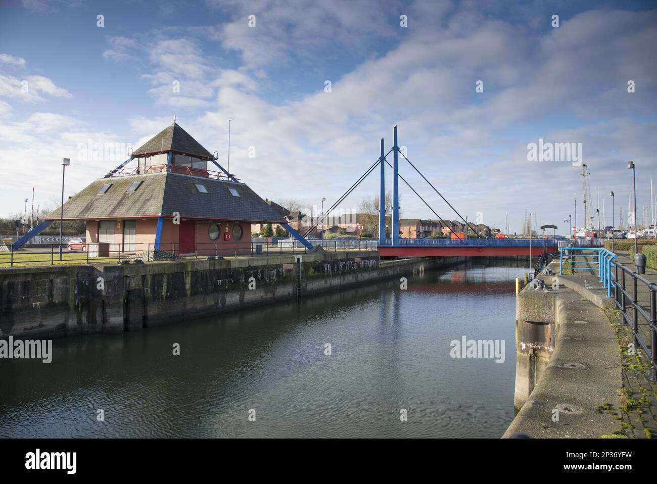 Swing bridge at entrance to dock and marina, River Ribble, Preston Dock ...