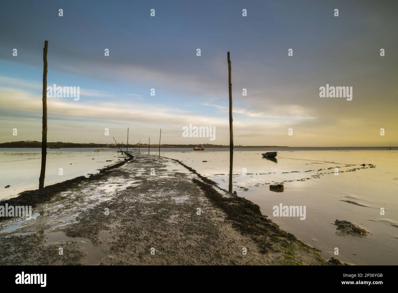 View of causeway and slipway at sunrise, Harty Ferry Causeway, Oare ...
