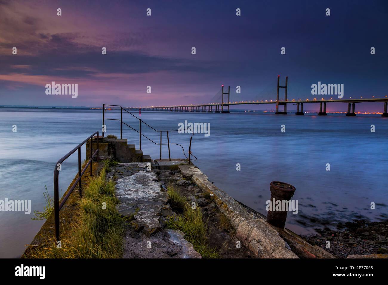 View of jetty and road bridge at sunrise, Sudbrook Jetty, Second ...