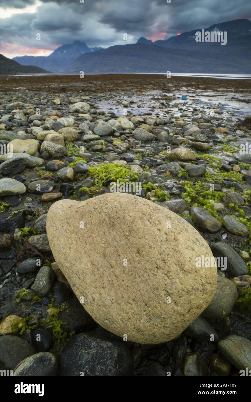 Rock on beach during low tide at sunset, Lyngen Fjord, Skibotn, Lapland ...