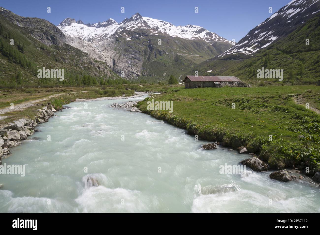 View of river in mountain valley, River Rhone, Grimsel Pass, Bernese ...