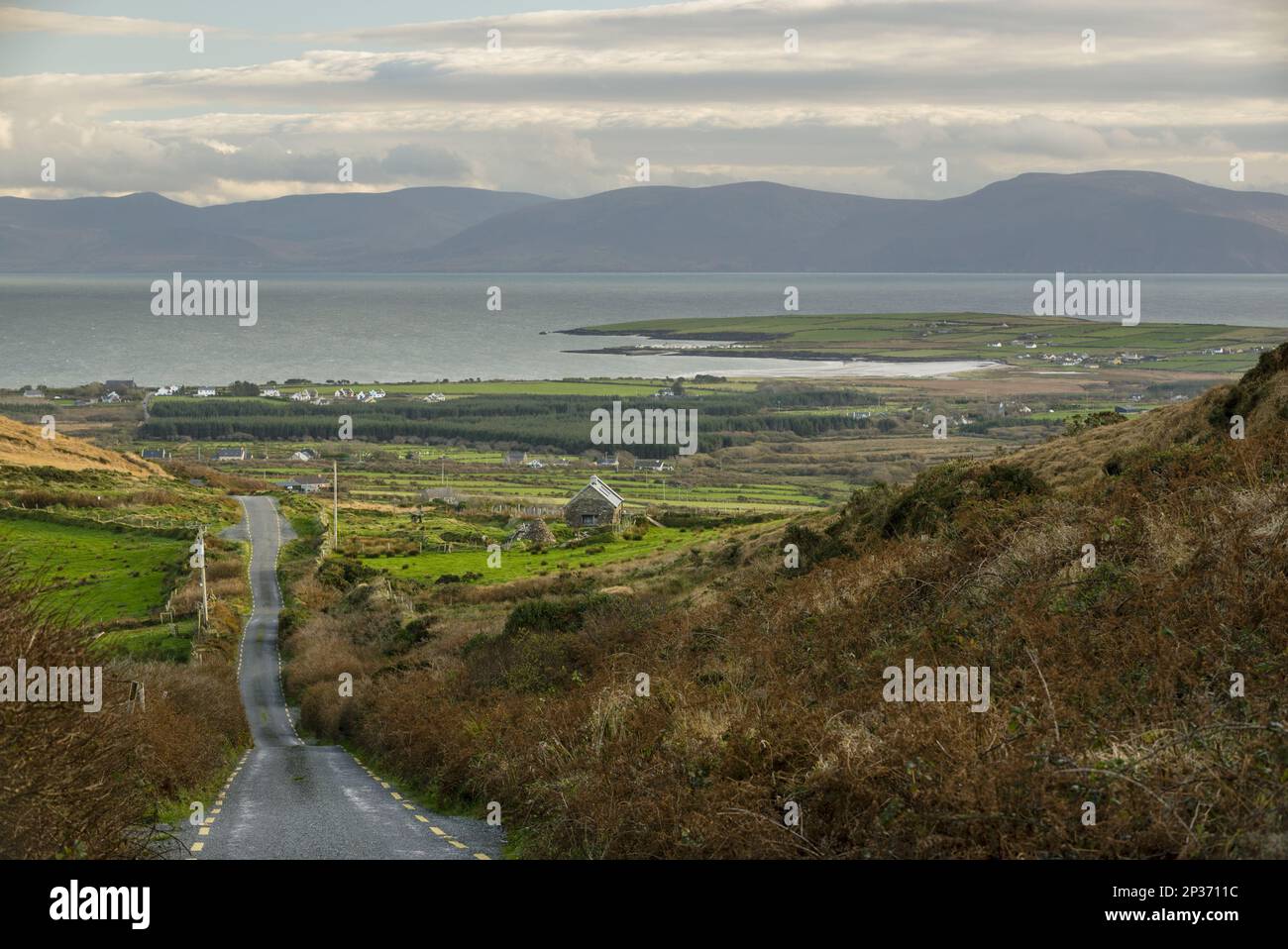 View of road and coastal village, Dunquin, Dingle Peninsula, County ...