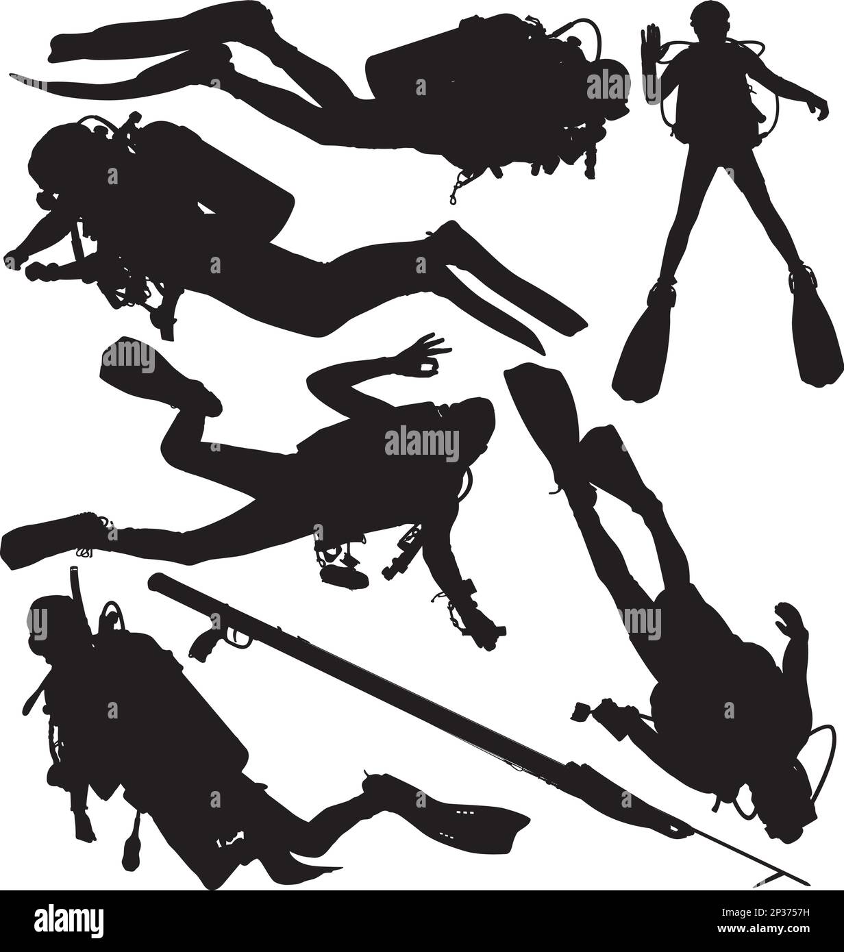 Scuba diver and speargun vector silhouettes isolated on white ...