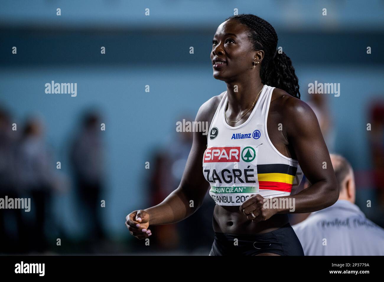 Belgian athlete Anne Zagre pictured after the women's 60m hurdles ...
