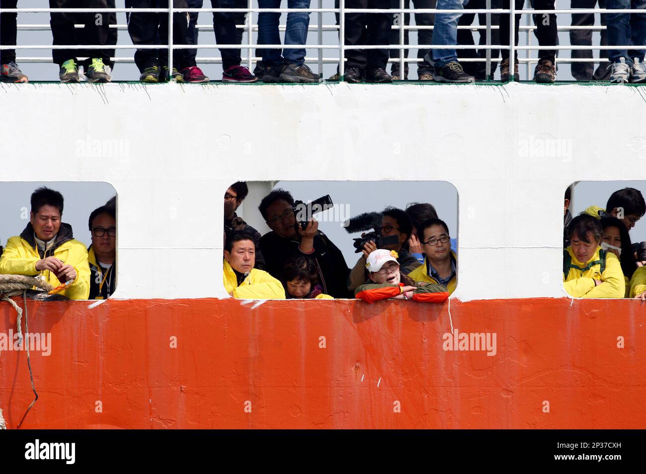 Relatives of victims of the sinking of the ferry Sewol visit the site ...