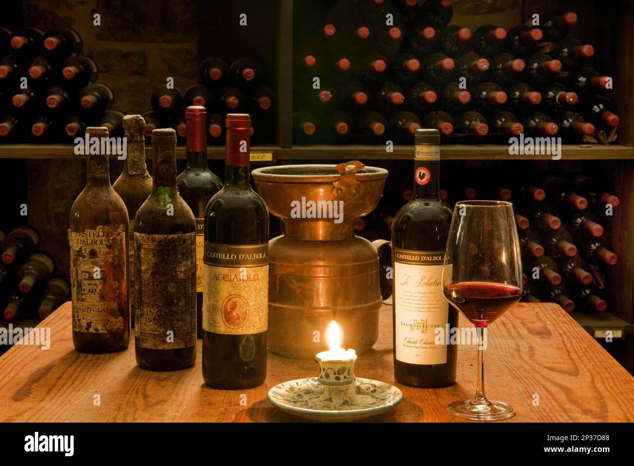 Wine cellar, bottles of red wine, Castello d'Albola, Radda in Chianti ...