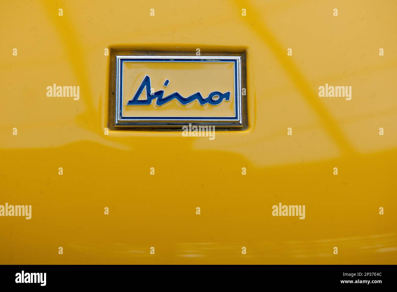 Logo, Dino lettering on front bonnet, detail of vintage Ferrari Dino ...