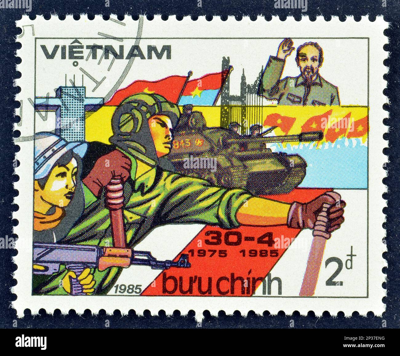 Cancelled postage stamp printed by Vietnam, that shows Soldiers, Tanks ...