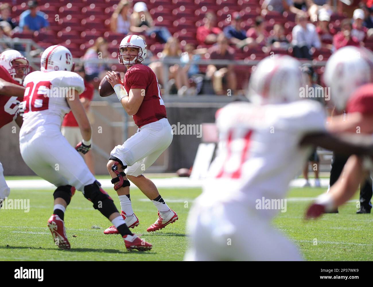 11 APR 2015: Stanford Cardinal quarterback Ryan Burns looks down field ...
