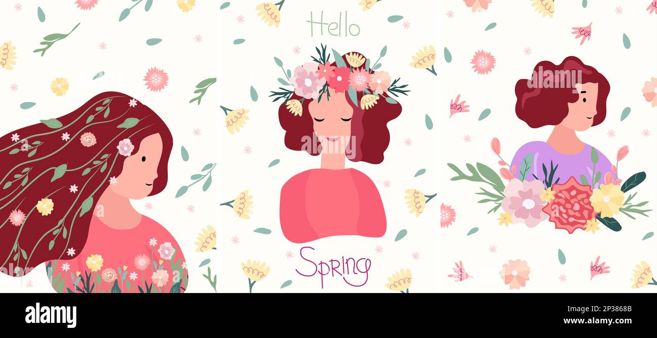 Banners with women and flower wreath, bright women with flowers. Spring ...