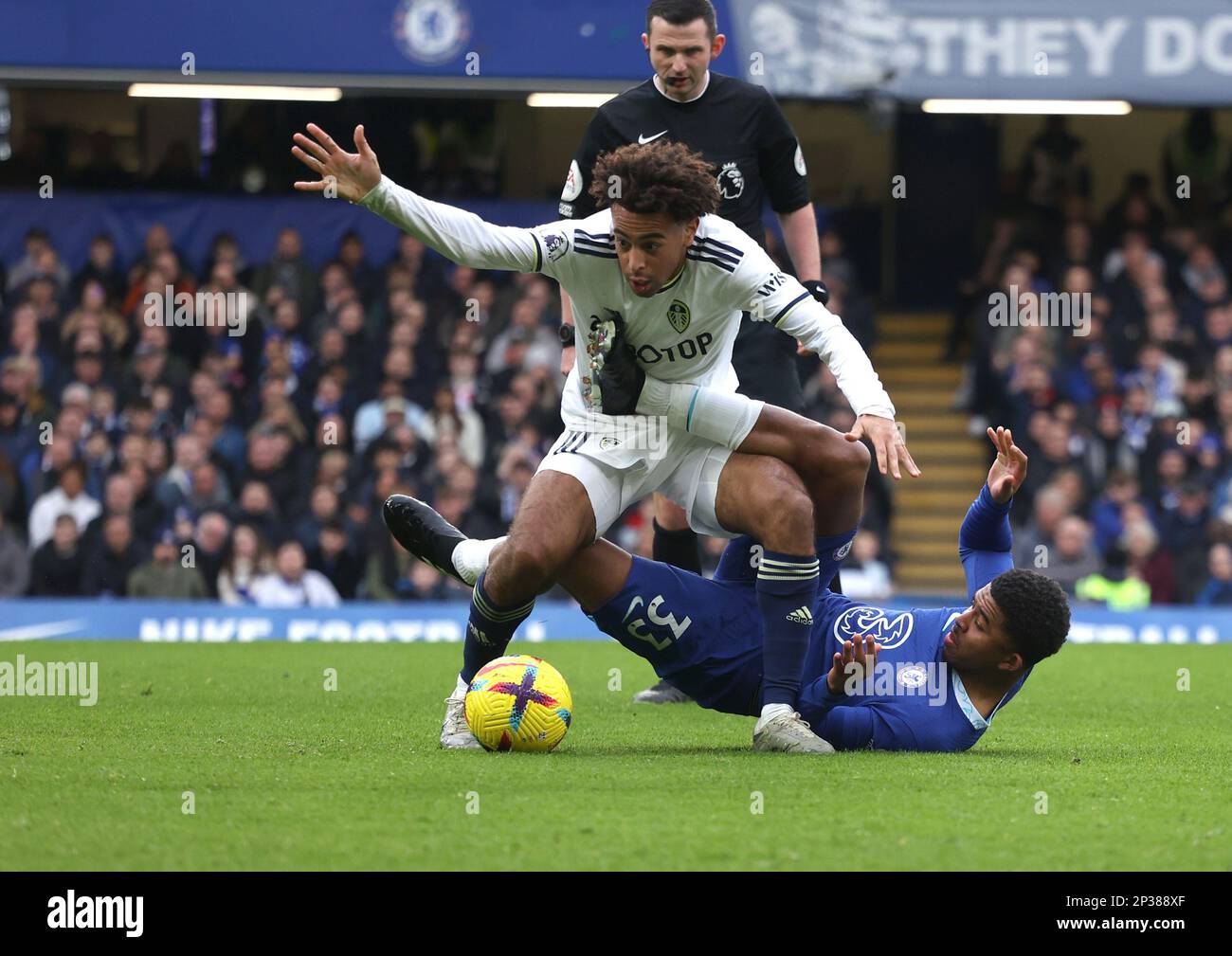 London, UK. 04th Mar, 2023. Tyler Adams (LU) Wesley Fofana (C) at the ...