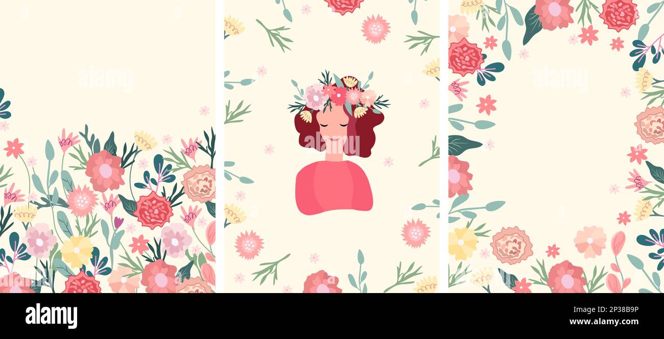 A collection of banners with flowers, a woman and a floral wreath on ...