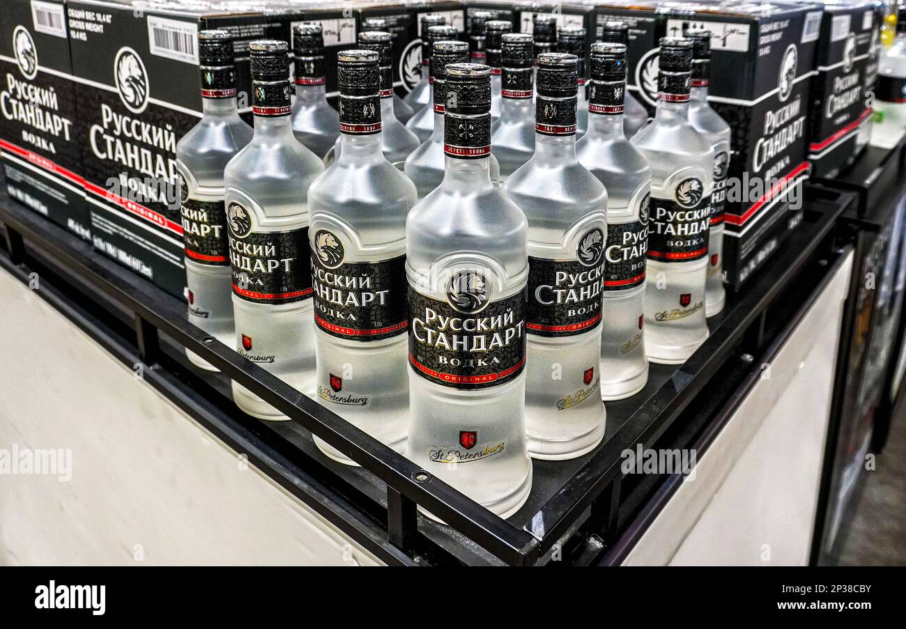 Samara, Russia - March 2, 2023: Russian Standard vodka on display for ...