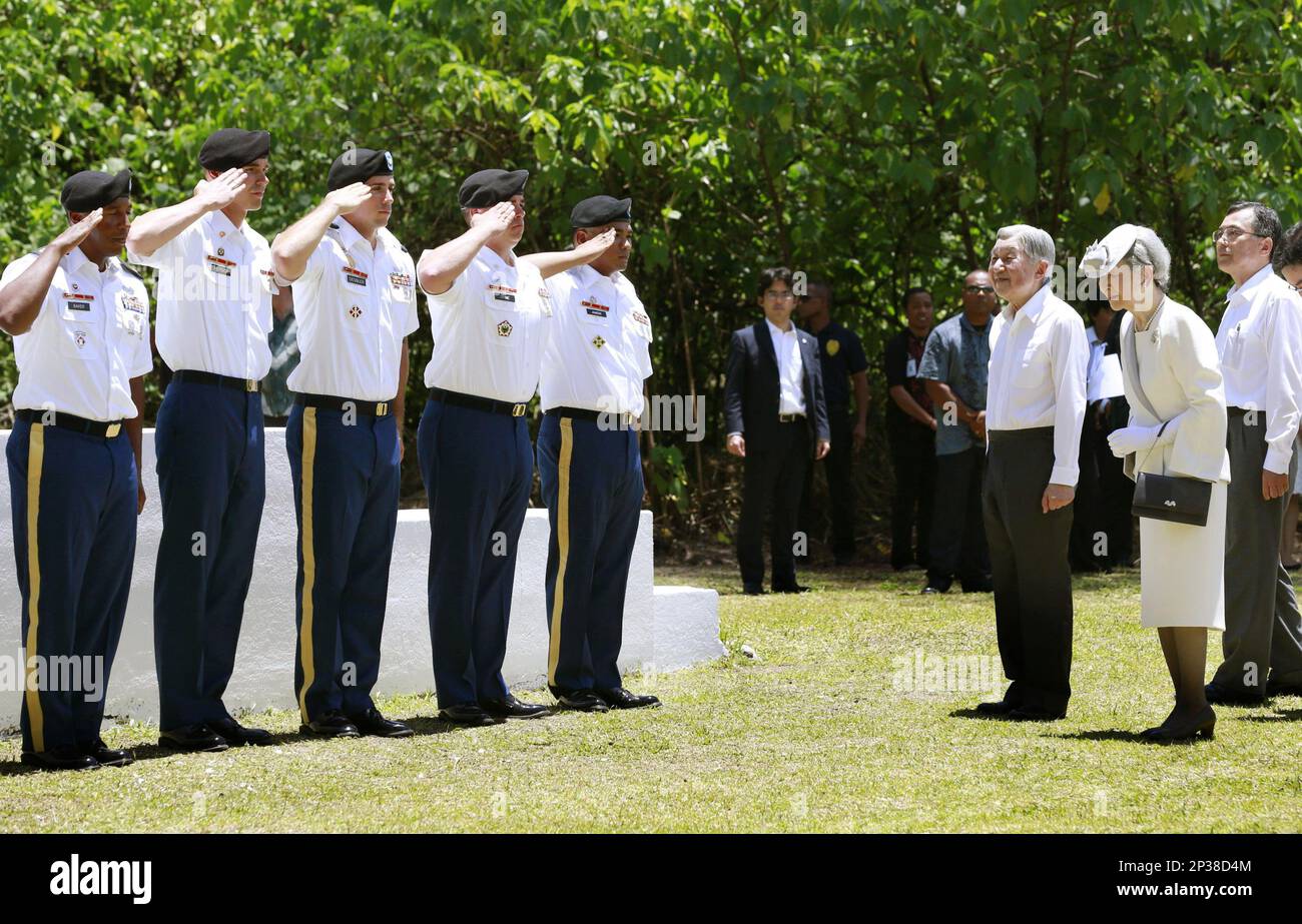 Japan's Emperor Akihito, third right, and Empress Michiko, second right ...