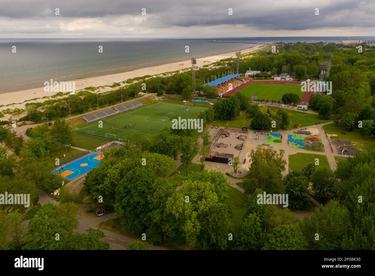 Drone photography of football, basketball arena, sports field, sea and ...