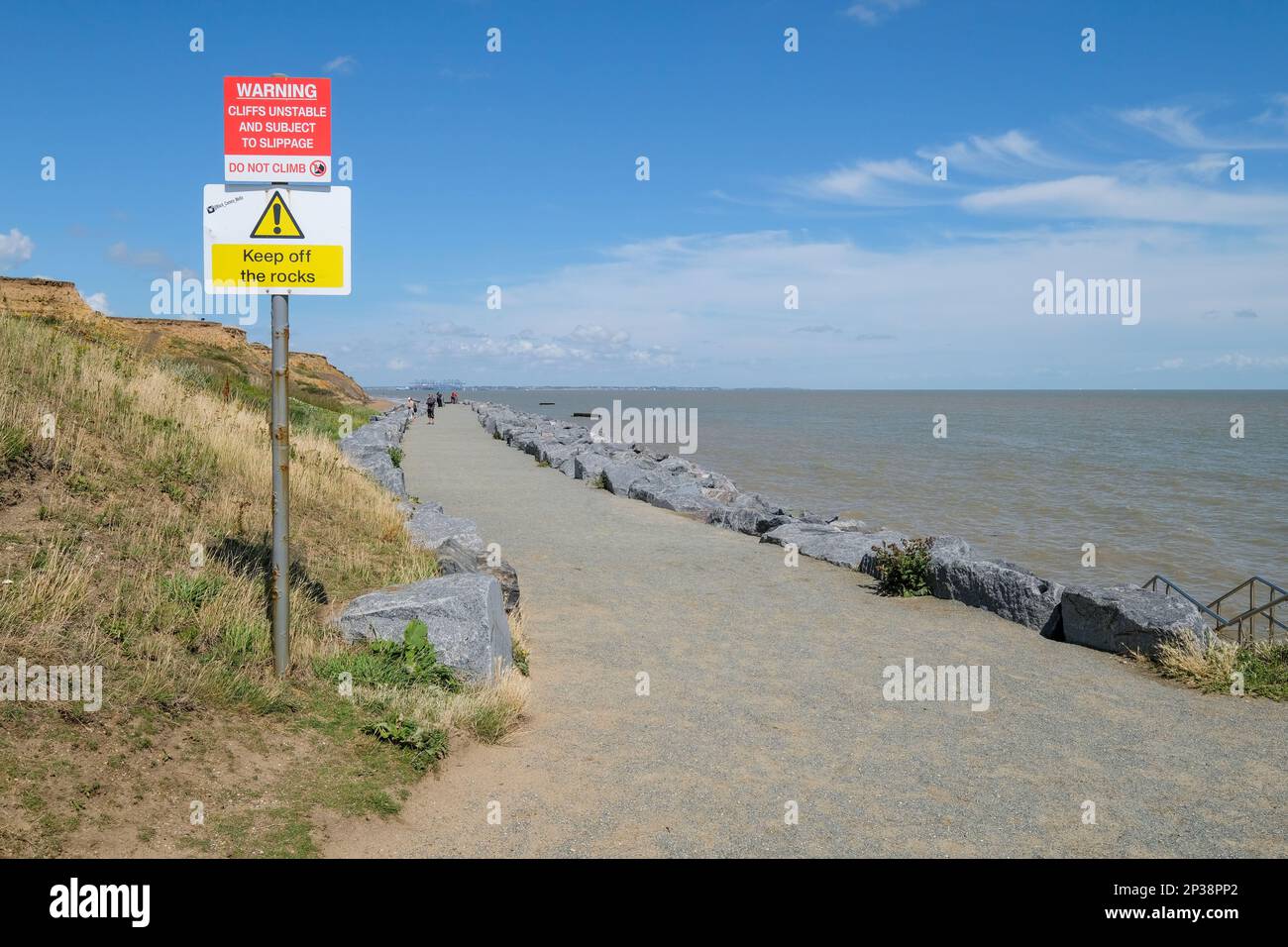 Warning sign at Crag Walk granite rock armour part of the Coastal ...