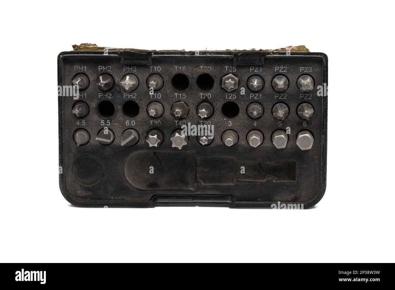 Old used set of screwdriver bits with parts missing, isolated on white ...