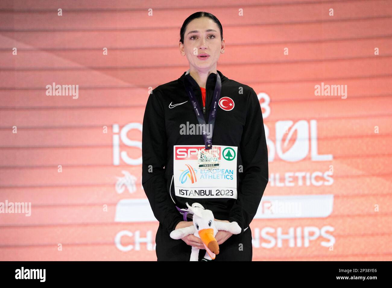 Tugba Danismaz, of Turkey, stands on the podium after winning the gold ...