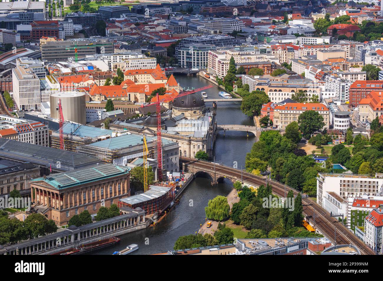 Aerial View over city of Berlin in Germany, Museum Island and bridges ...