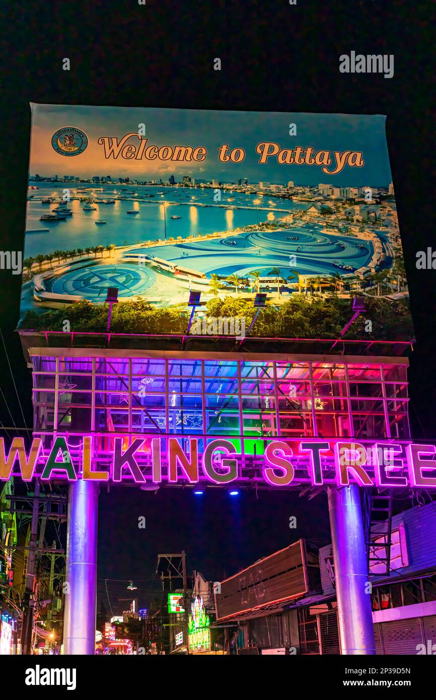 Sign at entrance to Walking Street, Pattaya, Thailand illuminated at ...