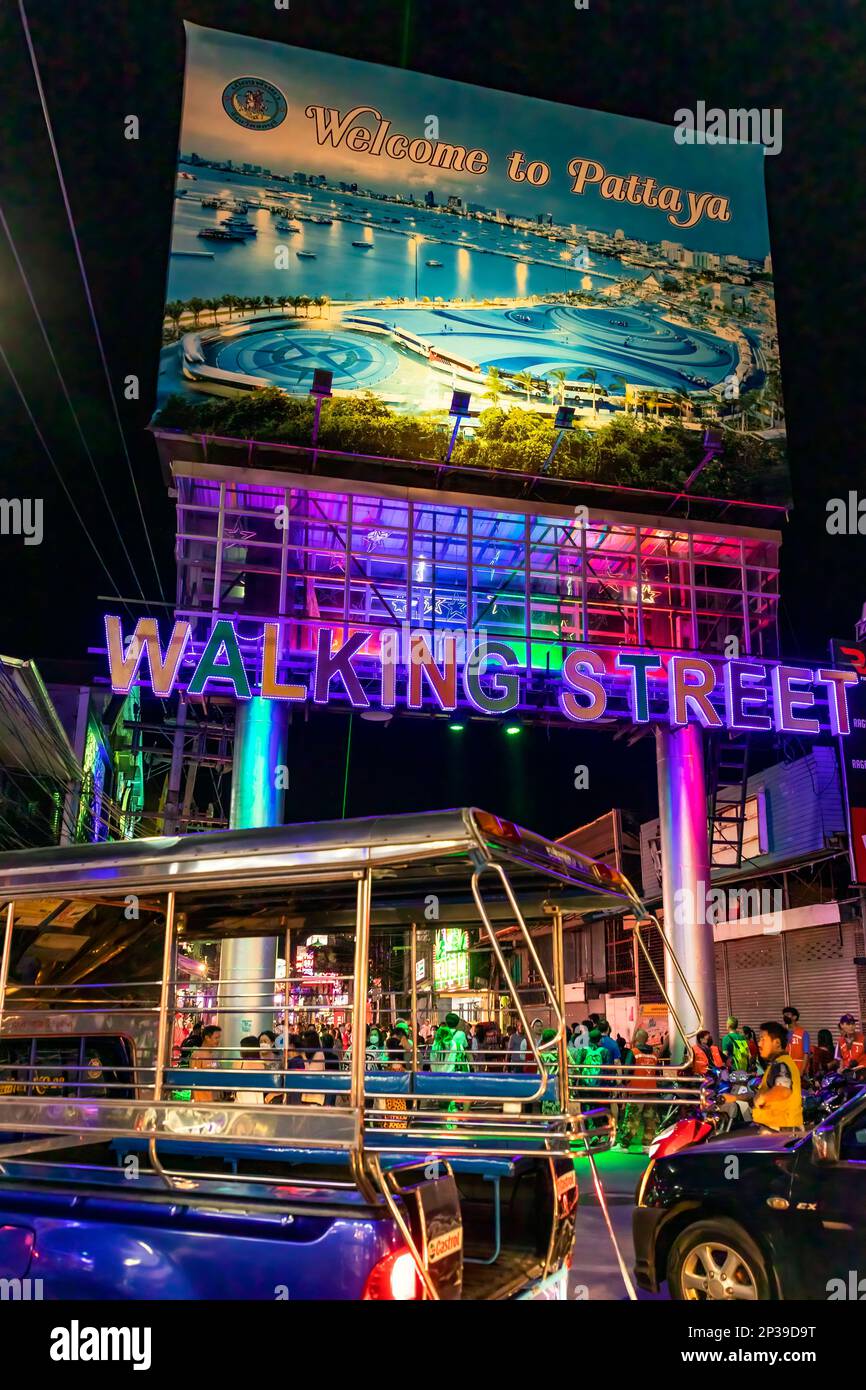 Sign at entrance to Walking Street, Pattaya, Thailand illuminated at ...