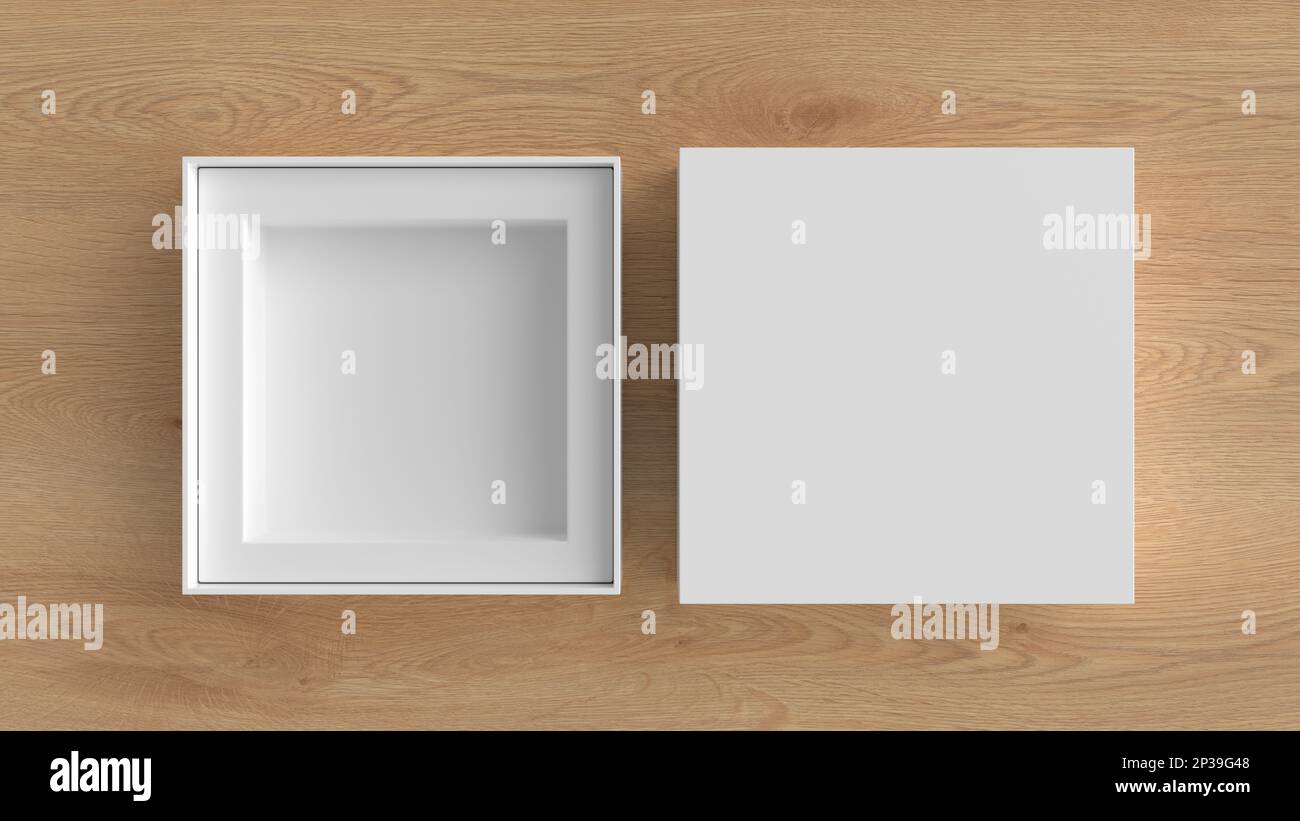 Square open box packaging mockup on wooden background. Template for ...