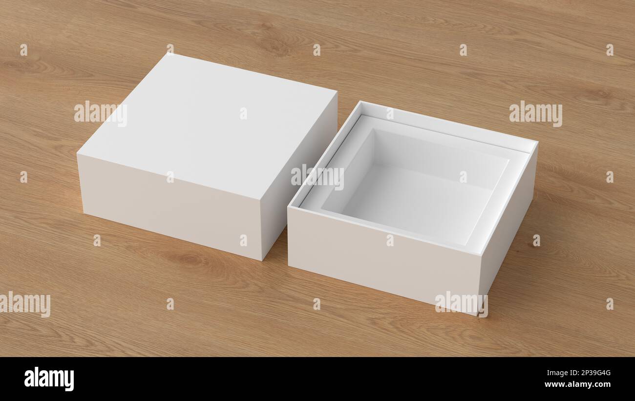 Square open box packaging mockup on wooden background. Template for ...