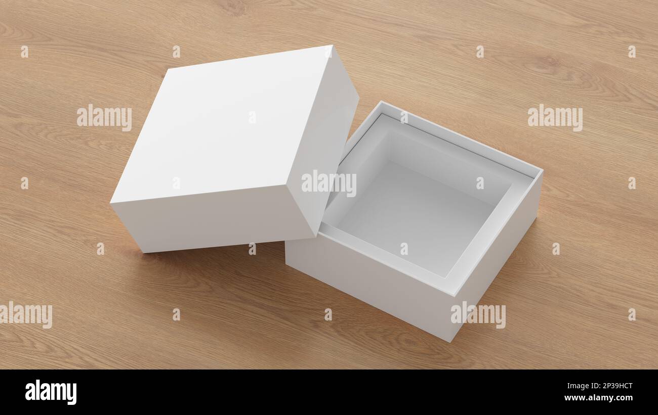 Square open box packaging mockup on wooden background. Template for ...