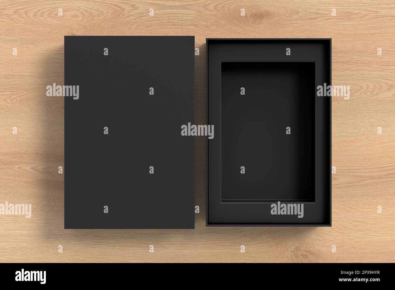 Open black box packaging mockup on wooden background. Template for your ...