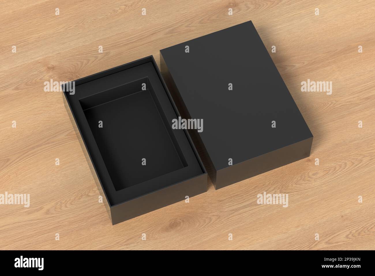 Open black box packaging mockup on wooden background. Template for your ...