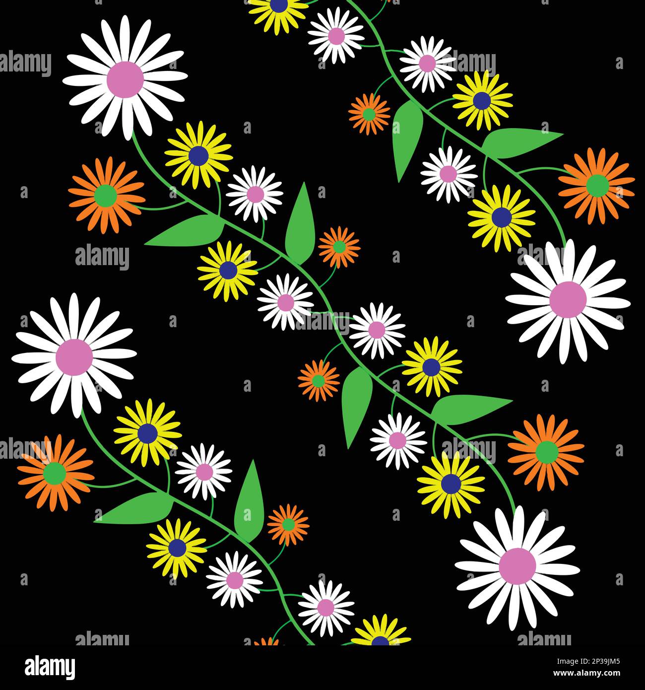 Seamless pattern with colorful daisies and leaves on black background ...