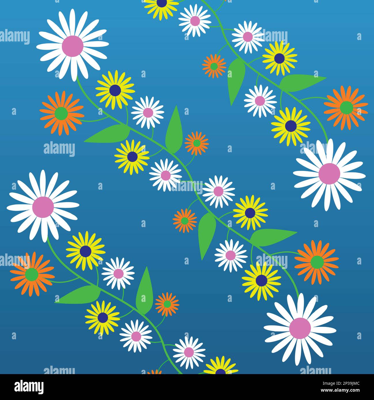 floral background with colorful daisies and leaves on a blue background ...