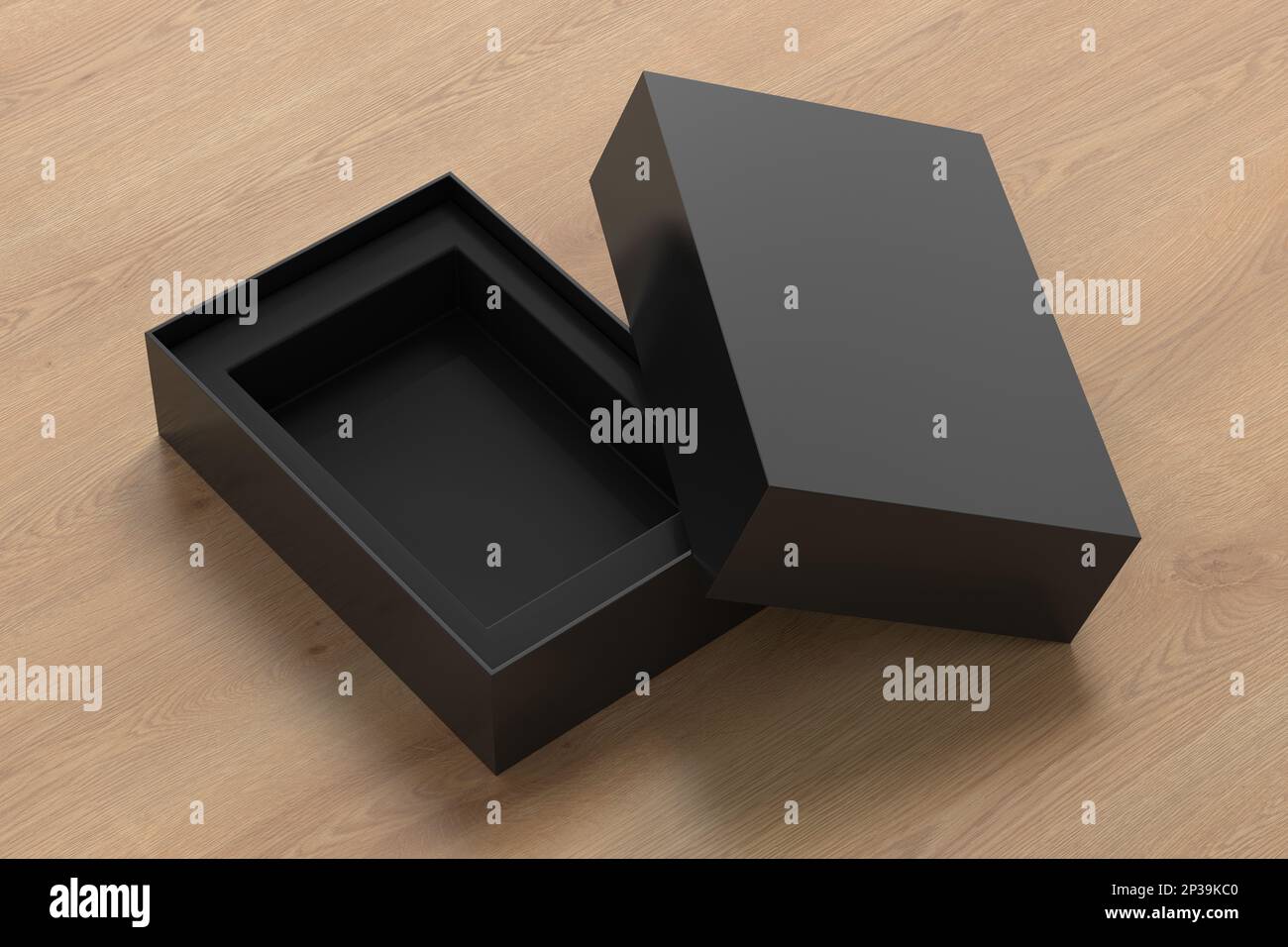 Open black box packaging mockup on wooden background. Template for your ...