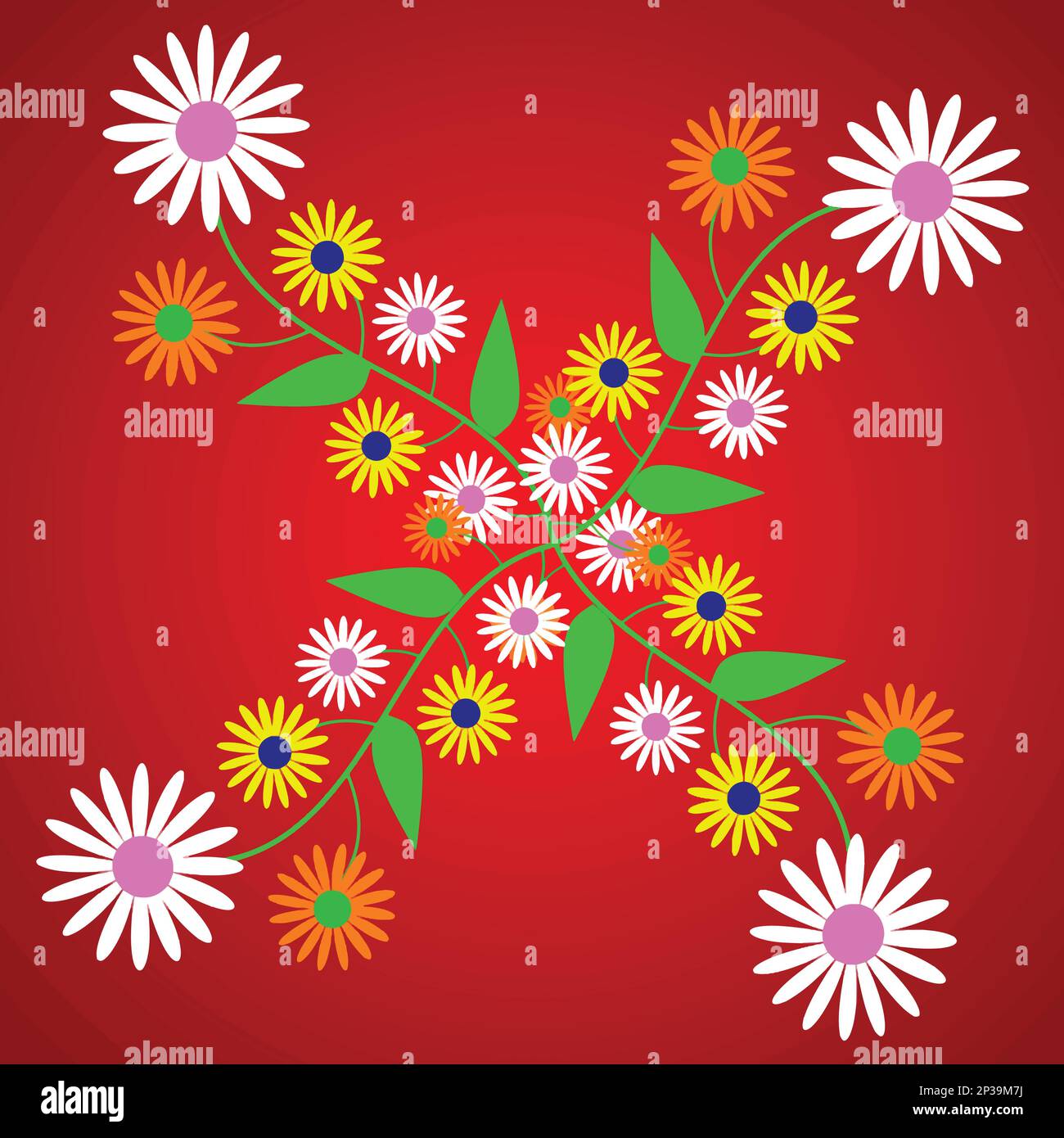 Colorful daisies flowers with leaves on red background. Vector ...