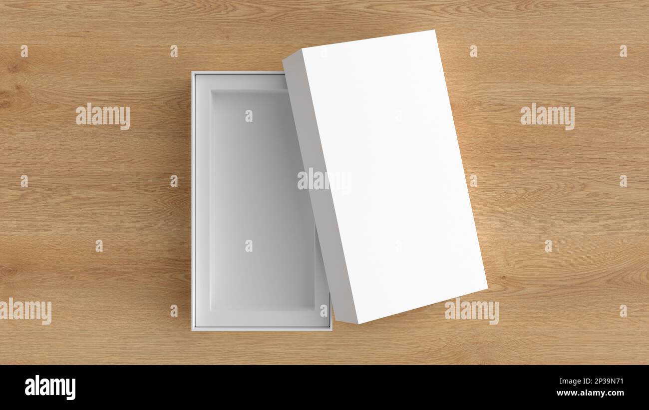 Long open box packaging mockup on wooden background. Template for your ...