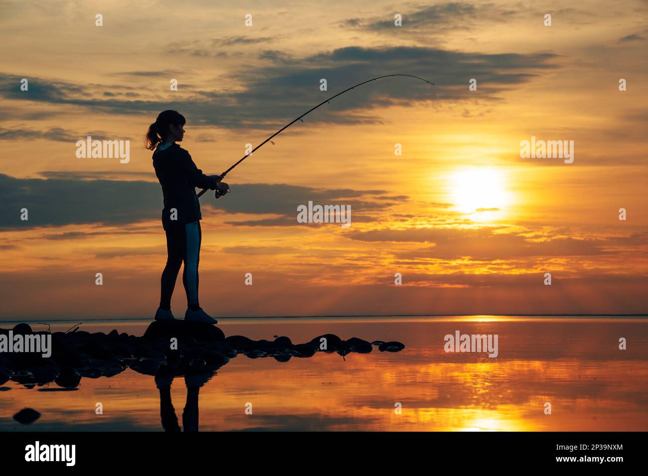 Woman fishing on Fishing rod spinning at sunset background Stock Photo ...