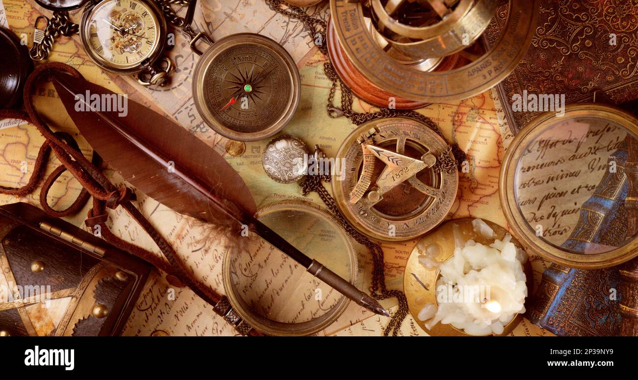 Vintage style travel and adventure. Vintage old compass and other ...