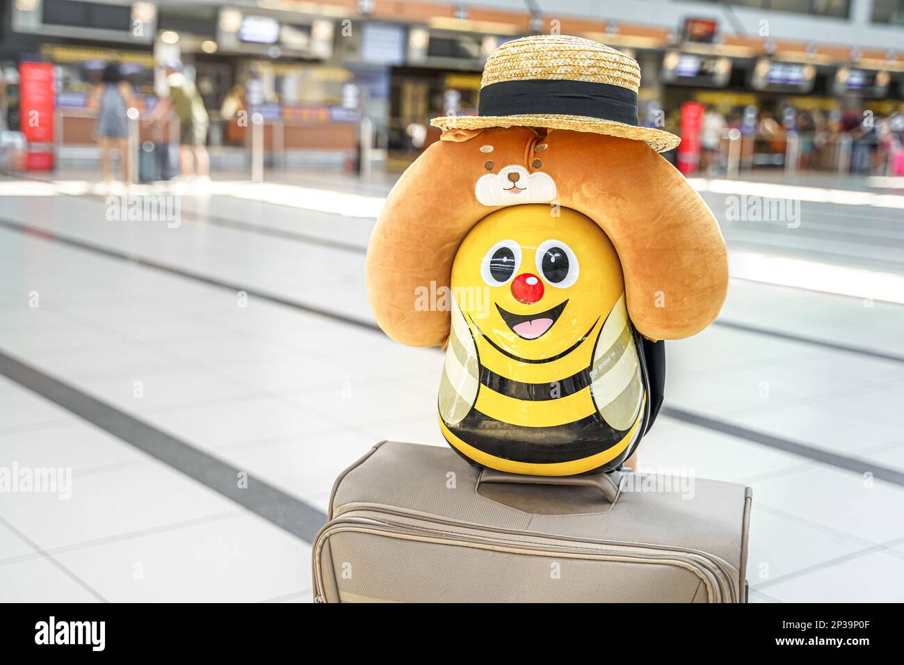 Suitcase,bag in airport terminal.Funny travel head neck airplane pillow ...