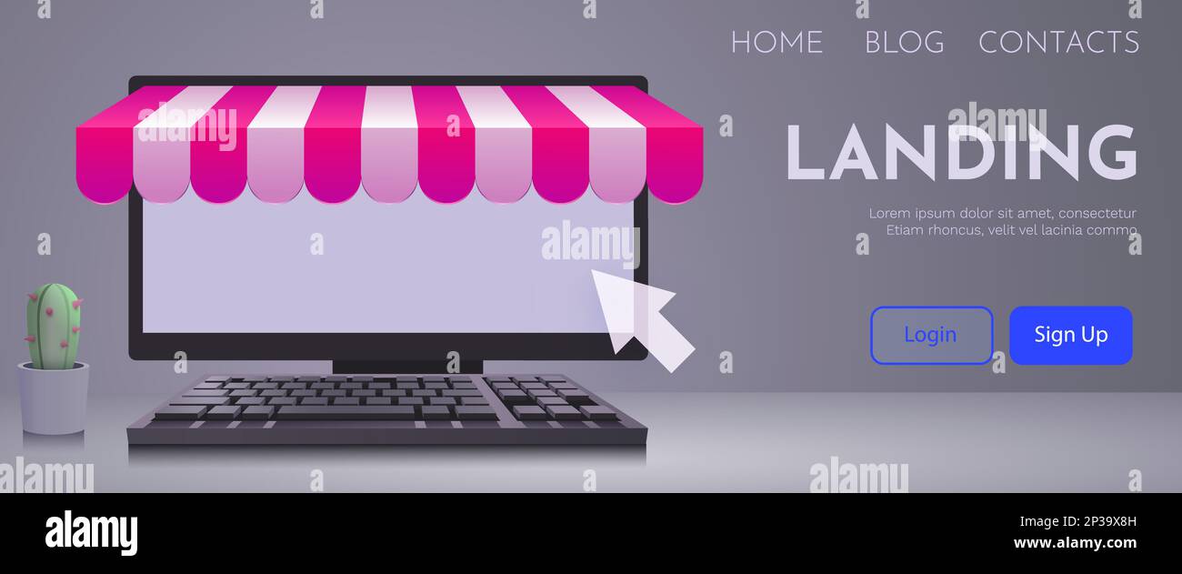 Computer monitor with shop awning. Online shopping and e-commerce ...