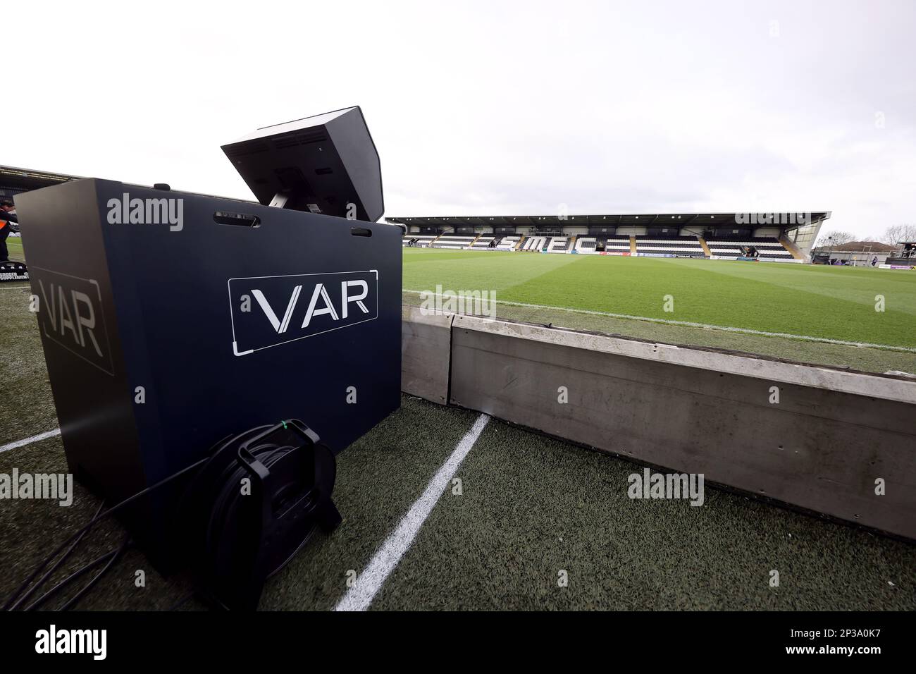 General view of the pitch side VAR monitor set up inside the ground ...