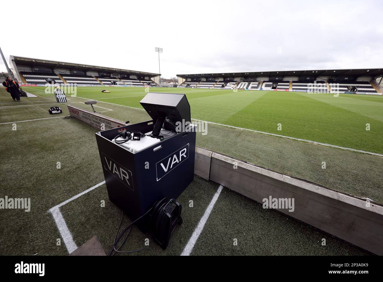 General view of the pitch side VAR monitor set up inside the ground ...