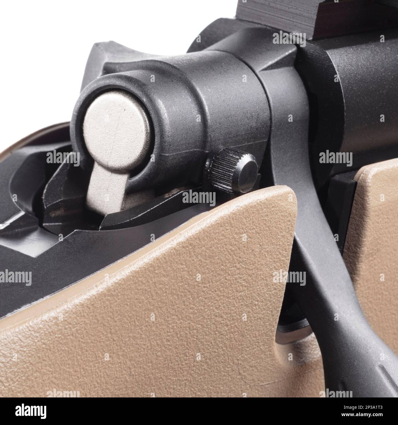Safety selector activated on a bolt action rifle with tan polymer stock ...