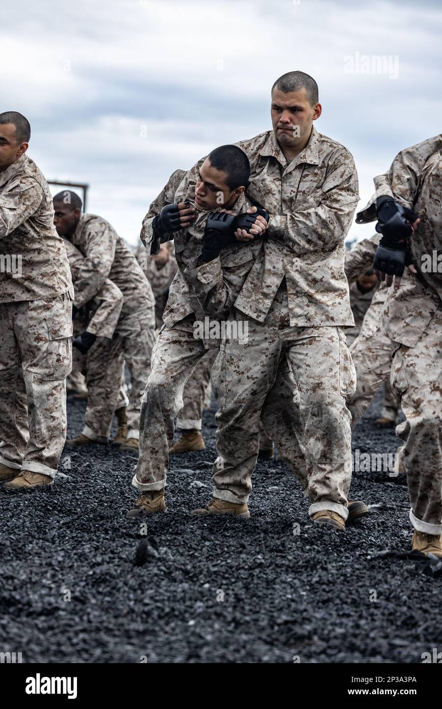 U.S. Marine Corps recruits with Alpha Company, 1st Recruit Training Battalion, practice Marine ...