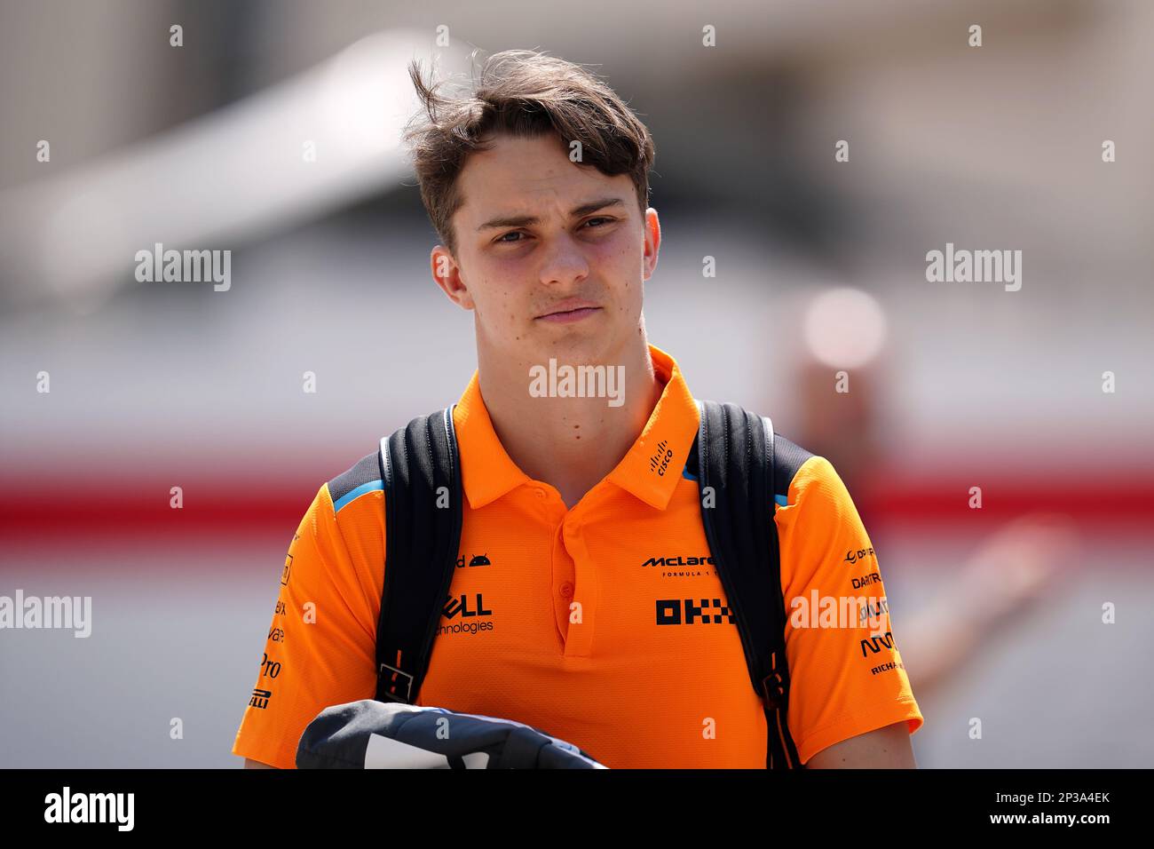 McLaren's Oscar Piastri arrives at the track ahead of the Bahrain Grand ...