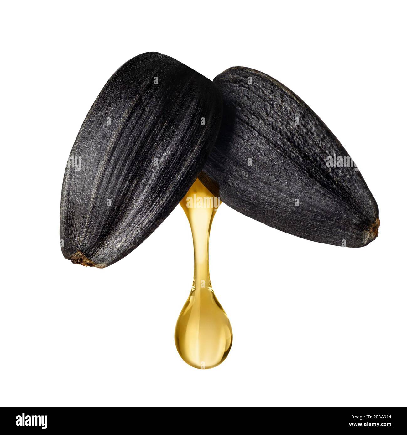 sunflower oil drop falling from flying seeds isolated on white Stock ...