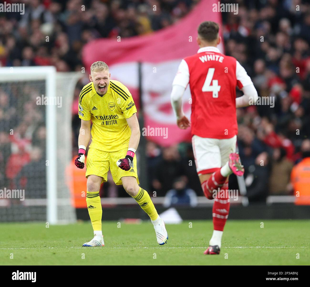 London, England, 4th March 2023. Aaron Ramsdale of Arsenal celebrates ...