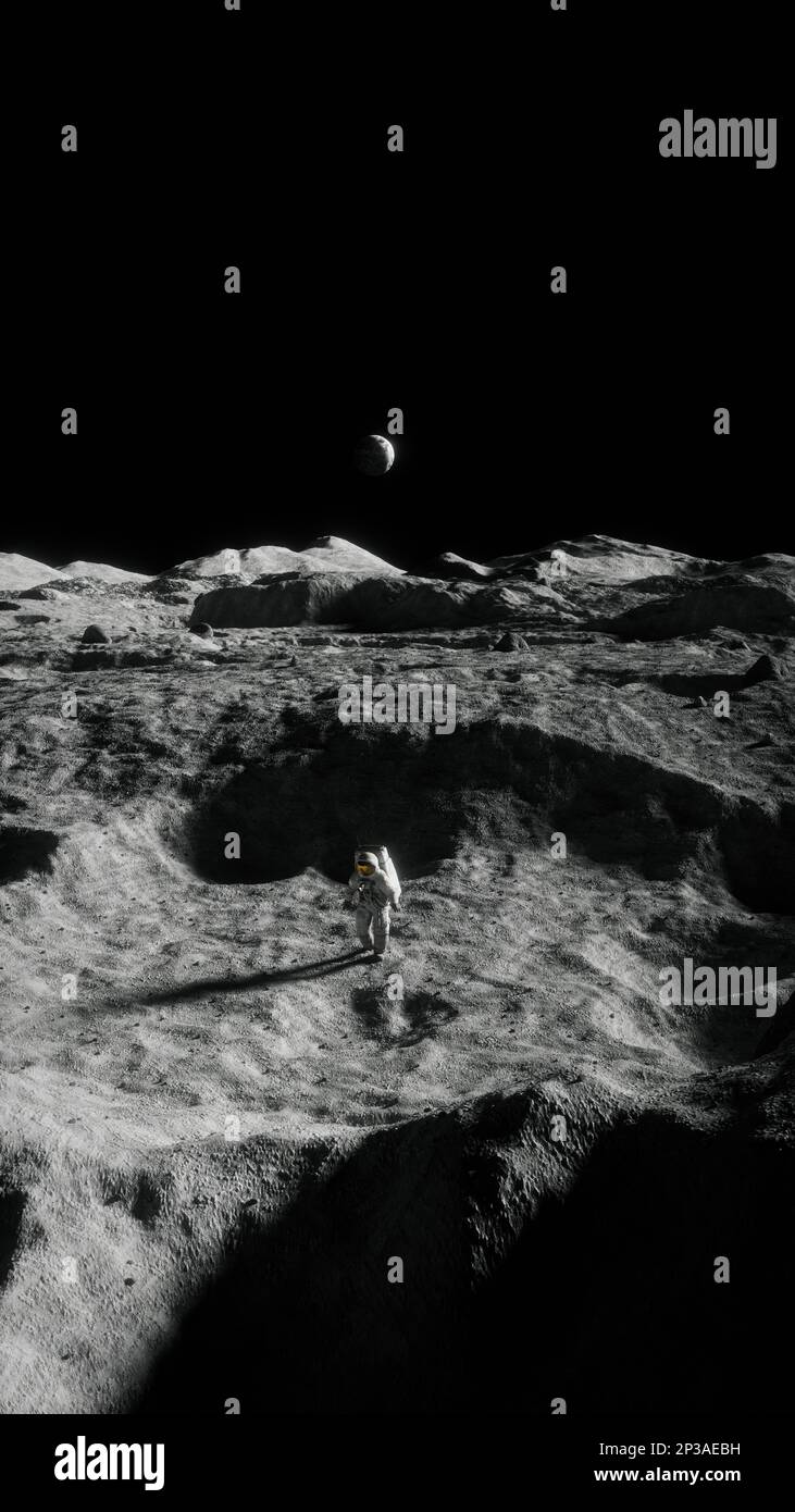 A vertical image of a space explorer standing on the moon's surface ...