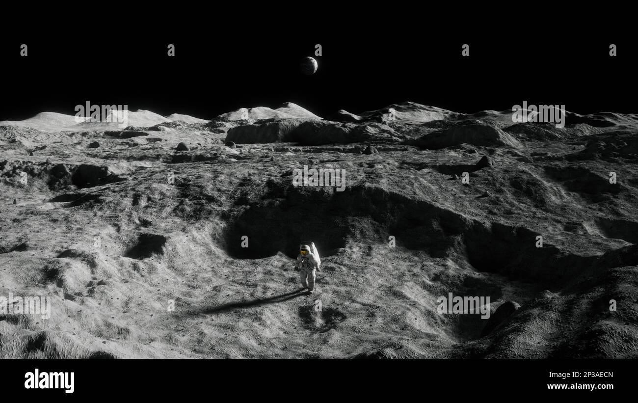 Grayscale space explorer standing on moon's surface, gazing at Earth in ...